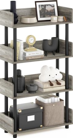 Furinno Turn-N-Tube 4-stufiges freistehendes Mehrzweck-Pr&auml;sentationsregal, B&uuml;cherregal, Franz&ouml;sische Eiche/Schwarz