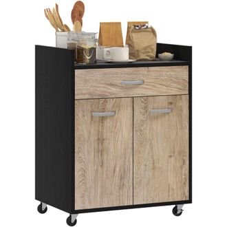 HOMCOM Homcom - Chariot de service sur roulettes - Tiroir et placard 2 portes - Dimensions 60x40x77cm - Panneau de particules gris effet bois, noir