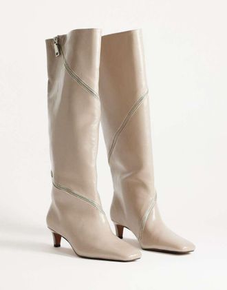 Topshop Tao Kniestiefel mit Rei&szlig;verschlussdetail in Mushroom-Neutral