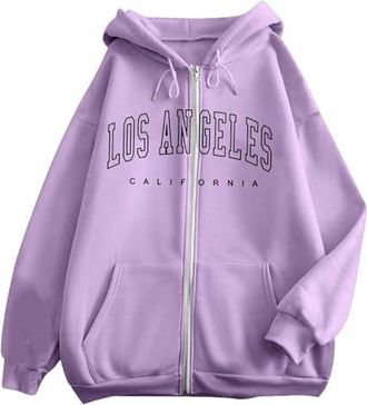 Generic Pull à capuche surdimensionné uni avec fermeture éclair pour femme, 01 Violet clair, XL
