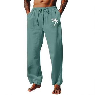 Generic Pantalon de plage en lin pour homme - Imprim&eacute; cocotier - Coupe ample - Pantalon hawa&iuml;en - Jambe droite - Pantalon de vacances - Taille &eacute;lastique - Pan