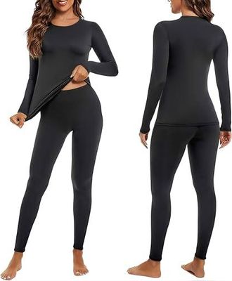 Ekouaer sous Vetement Thermique Femme Haut Manches Longues Pantalon L&eacute;ger Ensemble Ski Hiver, Noir, XL