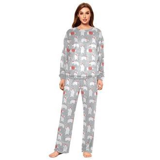 Alaza Ensemble de pyjama en polaire pour femme, flamants roses, fleurs et lapins, vêtements de détente deux pièces, vêtements de nuit thermiques super doux,
