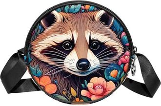 Generic Petit sac &agrave; bandouli&egrave;re circulaire pour femme, motif raton laveur avec fermeture &eacute;clair, bretelles r&eacute;glables, sac &agrave; main rond d&eacute;contract&eacute; pour femmes 
