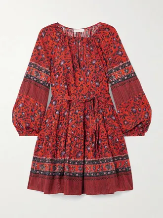 Ulla Johnson Mini-robe En Voile De Coton Mélangé Imprimé À Ceinture Abri - Rouge