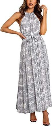 Minetom Robe Col V Fleur Manches Courtes Imprimé Floral Longue Décontracté Licou Manche Courte Robes Ete Plage Maxi Robe E Gris L