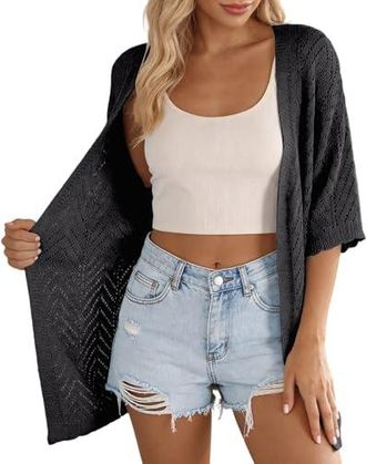 Generic Robe boh&egrave;me &eacute;l&eacute;gante &agrave; manches courtes pour femme, kimono en tricot l&eacute;ger, Noir, XL