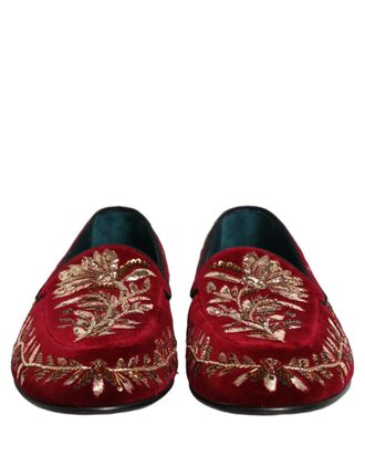 Dolce & Gabbana Mens Red Velvet Floral Embroidery Loafers Shoes Leather