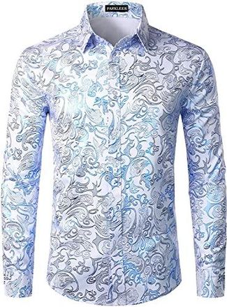 PARKLEES Chemise de luxe pour homme, imprimé élégant, coupe ajustée, boutonnée Motif cachemire doré brillant, XXL