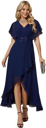 Ever-pretty Robe Témoin de Mariage High Low Col V Taille Empire A Line Manches Courtes Plissé Mousseline Casual Robe de Demoiselle dhonneur Bleu Marine 56