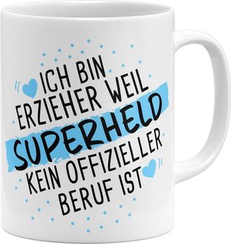 OM3 witzige Kaffee-Tasse mit Spruch - ich bin Erzieher weil Superheld kein offizieller Beruf ist - Keramik Becher - 325ml - Beidseitig Bedruckt - Weiss