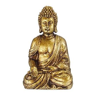 Relaxdays Buddha Figur Garten, wetterfest & frostsicher, Gartenbuddha sitzend, Gartenfigur HBT 30 x 18,5 x 12,5 cm, Gold