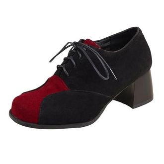 SJJH Chaussures Oxford pour femme Talon 5,5 cm | Velours synth&eacute;tique bicolore avec lacets | Casquette carr&eacute;e pour le bureau et les loisirs, Noir, 37 EU