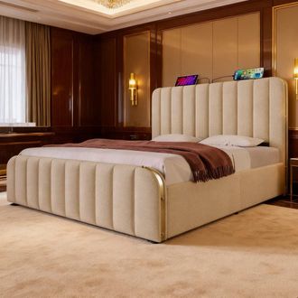 Generic Polsterbett 160x200 cm mit goldenen Zierstreifen & USB-C - Beige Leinen, hydraulisches Stauraum, 200 kg Belastbarkeit - Doppelbett ohne Matratze
