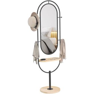 HOMCOM Homcom - Miroir &eacute;tag&egrave;re design H.175 cm - miroir sur pied - tablette, 4 pat&egrave;res - m&eacute;tal noir bois h&eacute;v&eacute;a verni naturel