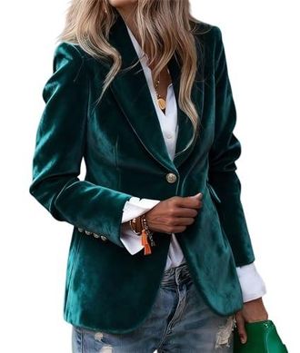 Generic Blazer en velours pour femme - Veste d&eacute;contract&eacute;e &agrave; manches longues pour le travail, le bureau, Halloween, No&euml;l, bleu-vert, L