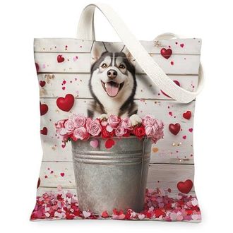 Generic Husky Dog Sac fourre-tout en toile r&eacute;utilisable pour faire du shopping 33 x 38,1 cm, rose en bois pour la Saint-Valentin, sac d&eacute;picerie r&eacute;utilisable p