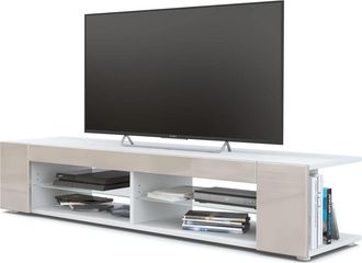 Vladon Lowboard Movie, TV-Kommode mit 4 offenen F&auml;chern und Zierleisten, Wei&szlig; matt/Sandgrau Hochglanz (134 x 29 x 39 cm)