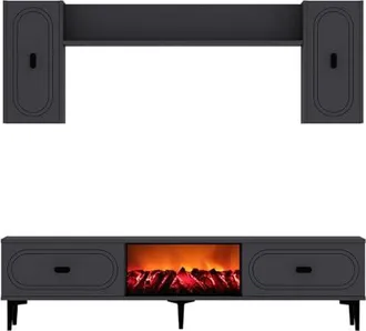 Concept Usine | Meuble TV VIBRA avec Chemin&eacute;e LED & Module Mural Gris Anthracite et Noir | Ensemble Complet 150 cm | 4 Placards + &Eacute;tag&egrave;res | Pose Murale ou Pieds | 