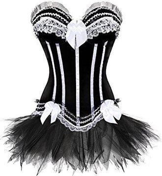 Grebrafan Corset Bustier Rayé avec Jupe en Tulle Tutu Burlesque (EUR(40-42) 2XL, Blanc)