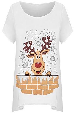WearAll Femmes Plus Court Manche Renne Flocon De Neige Mouchoir Ourlet Longue Haut Dames T-Shirt - Blanc - 50-52