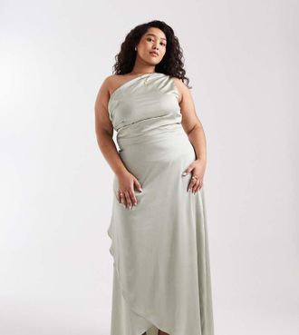 Tfnc Plus Robe longue asym&eacute;trique pour demoiselle dhonneur en satin &agrave; jupe portefeuille - Vert sauge