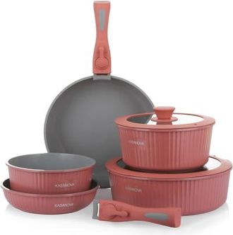 KASANOVA 9-teiliges Kochtopf-Set Eaziclip, Induktionsgeeignetes Topfset mit Keramikbeschichtung und abnehmbaren Griffen für den Ofen, Antihaft-Kochgeschirr in 