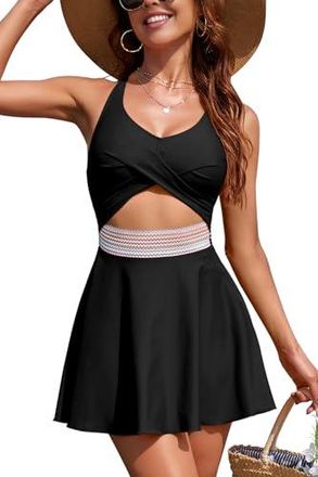 SHEKINI Maillot de Bain Femme Une Pieces Gainant Ventre Plat Maillots de Bain Jupe Col V Push Up Ceinture Contrast&eacute;e &Eacute;l&eacute;gant Robe de Plage