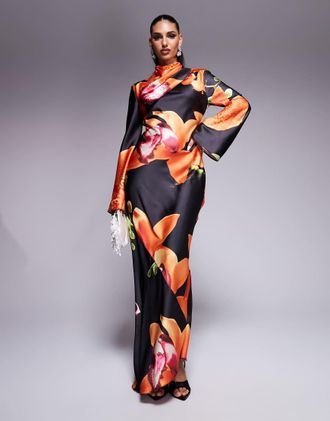 Daska Robe longue en satin à fleurs - Noir-Multicolore