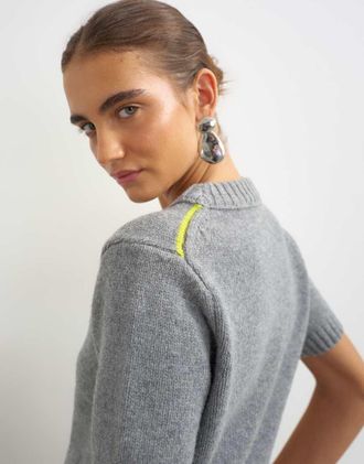 Topshop t-shirt en maille premium en laine dagneau, &agrave; manches courtes, col rond, gris avec finitions vert citron-Pas de couleur