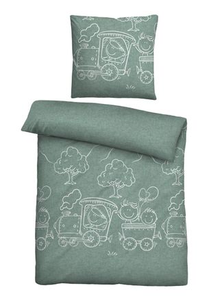 Biberna Melange-Flanell Bettw&auml;sche 0840521 LOKOMOTIVE 1x 135x200 cm + 1x 80x80 cm, fichte
