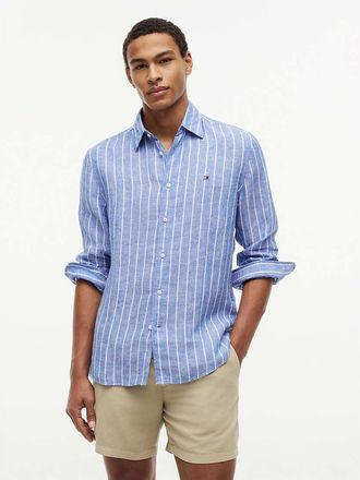 Tommy Hilfiger Chemise coupe classique en pur lin textur&eacute; &agrave; rayures - Bleu