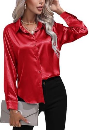 ORANDESIGNE Chemisier Femme Satin Soie Col en V Manches Longues Chemises élégant Casual Affaires Hauts avec Boutons Chemise Satin Blouses Shirts Tops Hauts Bureau