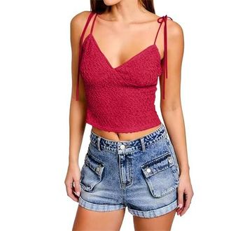 Generic D&eacute;bardeur spaghetti pour femme - Noir - Court - D&eacute;bardeur de sport ample - &Eacute;l&eacute;gant - Col en V - Haut d&eacute;t&eacute; sexy - Camisole - Sans manches - Coton - Cou