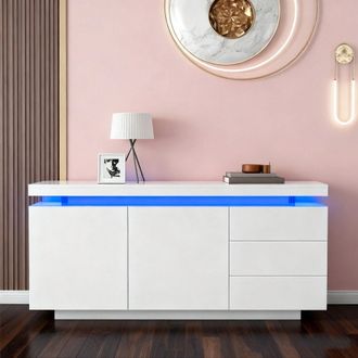 Generic Modernes Sideboard mit LED-Beleuchtung »Aura« - Hochglanz-Weißer Standschrank (140x35x72,5 cm) mit 2 Türen, 3 Schubladen & grifflosem Design - Elegant