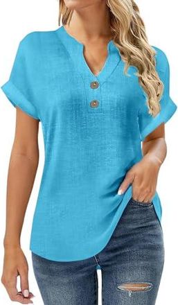 Generic Haut en coton et lin pour femme - Tunique enroulable &agrave; manches courtes - Grande taille - Col Henley - Avec bouton - Col en V - Coupe ample - Pour l&eacute;t&eacute;