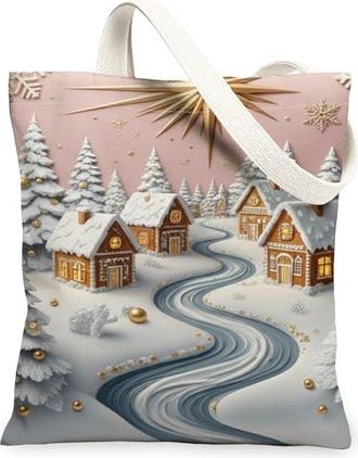 Generic Sacs fourre-tout en toile avec motif maisons de pain d&eacute;pice dhiver, sacs d&eacute;picerie r&eacute;utilisables, l&eacute;gers et lavables, p&ecirc;che, 13x15 Inch