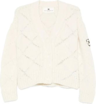 Ermanno Scervino Femme, Pulls, Blanc, Taille: 40 FR Cardigan en mélange dalpaga et de mérinos avec motif losanges et logo microcristal