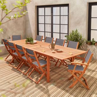 Sweeek Salon de jardin en bois Almeria. grande table extensible 200 &agrave; 300cm rectangulaire 2 fauteuils 8 chaises eucalyptus et textil&egrave;ne Bois / Anthracite