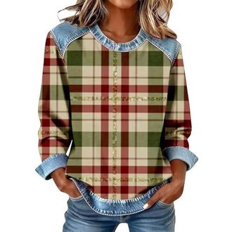 Generic Sweat-shirt &agrave; carreaux en denim patchwork surdimensionn&eacute; &agrave; col rond avec coutures en jean pour femme - Haut &agrave; manches longues - Motif &eacute;cossais r&eacute;tro Y