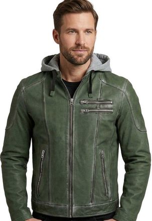 Punchball Lederjacke Doran Punchball - Herren Lederjacke Kapuze Lammnubuk gr&uuml;n antik