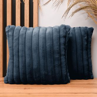 MG Design 2er Set Kissenbez&uuml;ge 35 x 35 cm in Marineblau - mit Rei&szlig;verschluss, langflorige Fell-Haptik, weich & Cosy, pflegeleicht