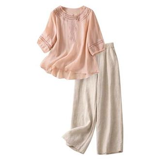 Generic Ensemble de pantalons pour femmes grande taille avec chemise brod&eacute;e en lin et pantalon &agrave; jambes larges, ensemble deux pi&egrave;ces grande taille pantalon fo