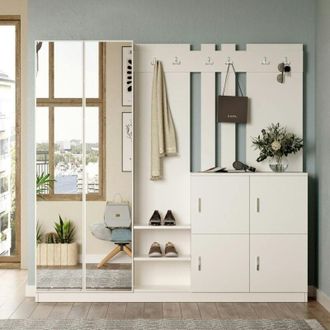 Pier Import Vestiaire dentr&eacute;e blanc 1 miroir 4 portes 6 crochets MARFA