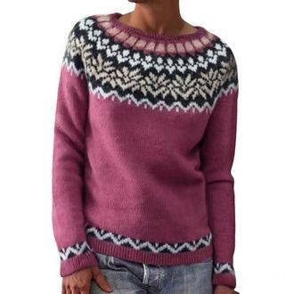 Generic Pull pour femme - Imprim&eacute; vintage - Col rond - Pull surdimensionn&eacute; en tricot &agrave; manches longues - Pull habill&eacute; tendance &agrave; rayures - Confortable - Doux 