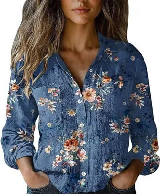 Generico Chemise Femme D&eacute;contract&eacute;e Manches Longues Blouse Coton Et Lin Curvy Grande Taille Chemisier Col en V Doux T Shirt Vintage Fantaisie avec Boutons Mode