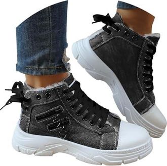 Generic Baskets à plateforme en toile pour femme - Baskets montantes à lacets - Chaussures de tennis classiques à enfiler - Fermeture éclair latérale conforta