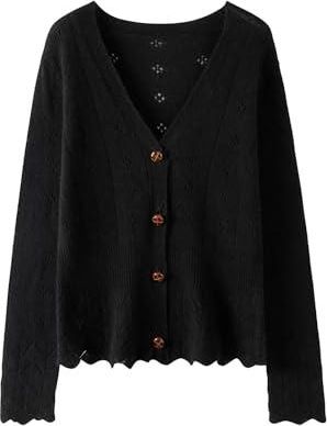 Generic Pull de printemps en laine &agrave; manches longues et col en V pour femme 100 % laine m&eacute;rinos, noir, Taille XL