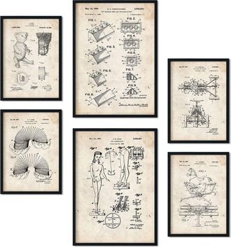 Nacnic Set von 6 Plakaten mit Spielzeuge Patenten. Plakate mit Retro-Patentabbildungen. Inneneinrichtung im Vintage-Stil. Gr&ouml;sse A4 und A3. Ohne Rahmen