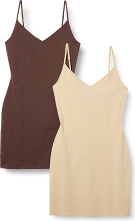 Amazon Essentials Damen Schmal Geschnittenes Schlupfkleid Aus Baumwolle Mit Lagen, 2er-Pack, Braun/Helles Kamelbraun, XL